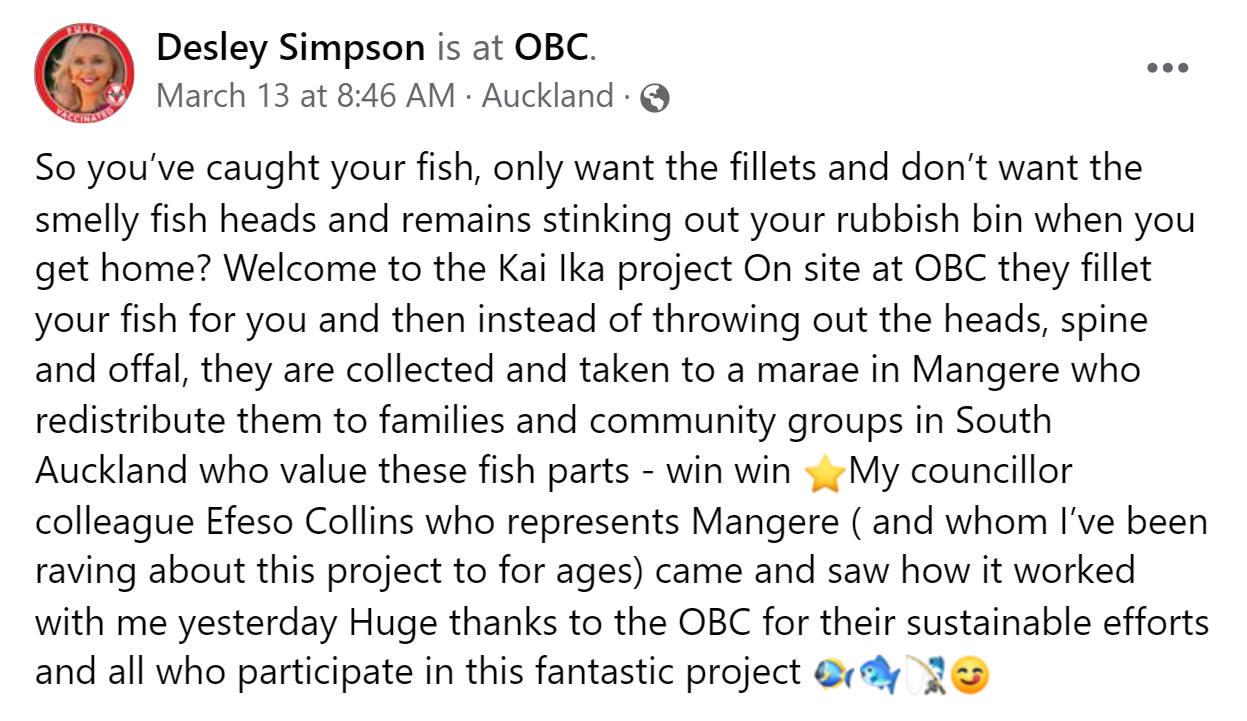 Orakei Ward Councillor – Desley Simpson Visits Kai Ika at OBC – Kaiika