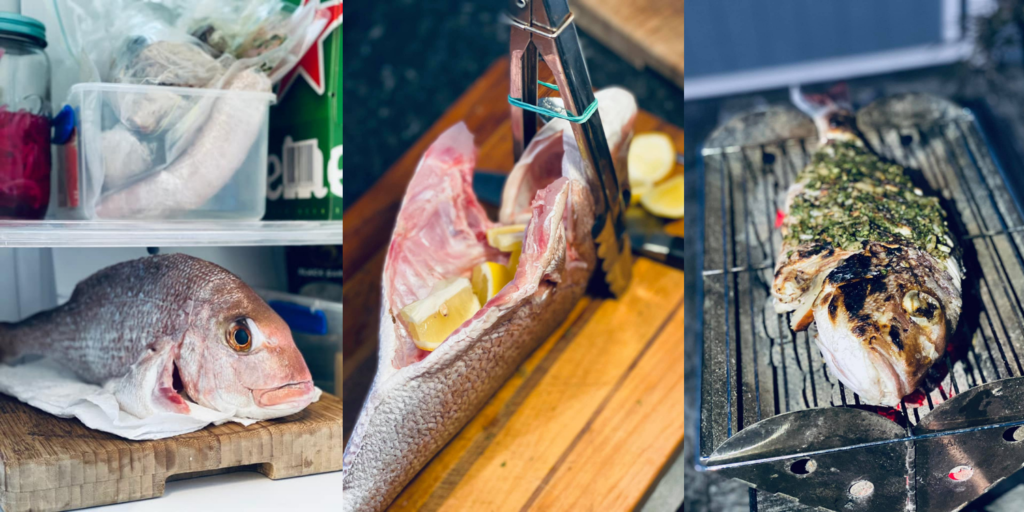 Stuffed whole Snapper with sautéed veg – Kaiika